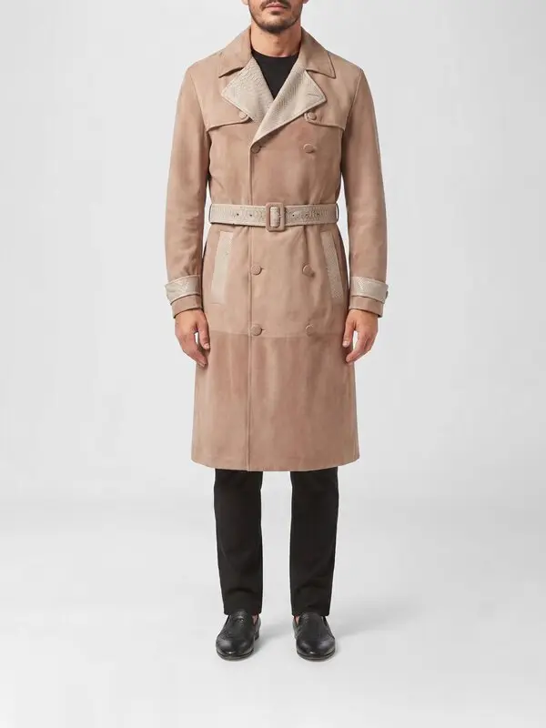 BILLIONAIRE Double-breasted Belted Trench Coat With Embossed Leather Accents - Beige