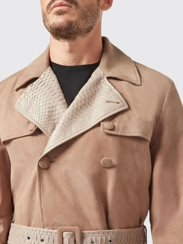BILLIONAIRE Double-breasted Belted Trench Coat With Embossed Leather Accents - Beige