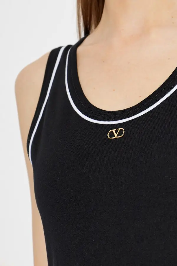 Valentino Garavani Cotton Tank Top With Metallic Logo Applique - Black