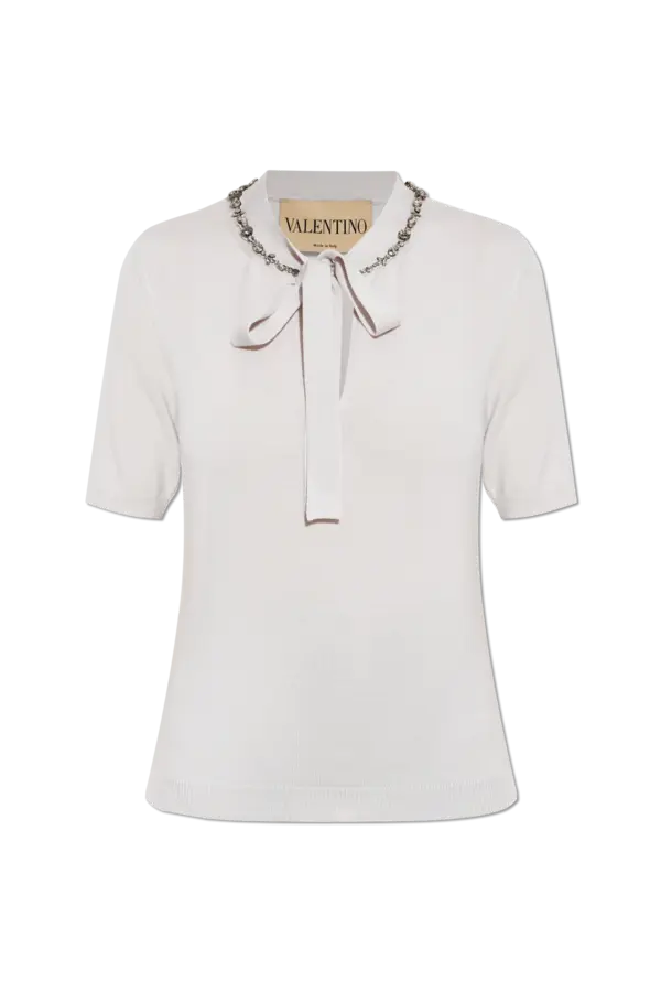 Valentino Garavani Wool Knit Top With Crystal Embellished Neckline And Bow Detail - Grey