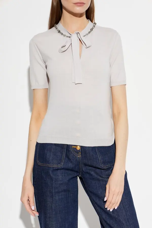 Valentino Garavani Wool Knit Top With Crystal Embellished Neckline