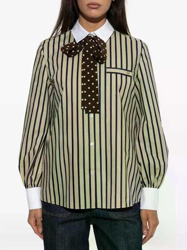 Valentino Garavani Striped Cotton Shirt With Pussy-bow Detail - Neutrals