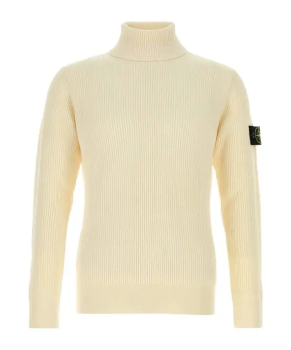 Stone Island High Neck Sweater With Logo Patch - Ivory