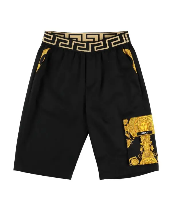 Versace Elastic Waist Shorts With Signature Print - Black