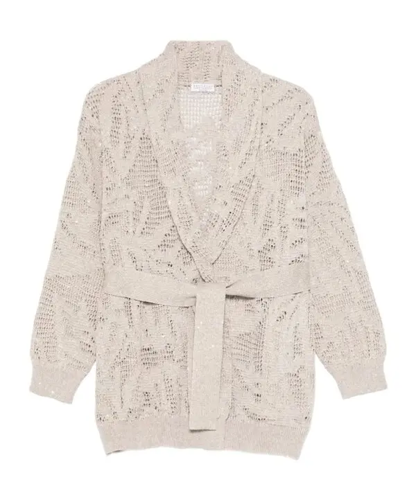Brunello Cucinelli Tie Waist Open Knit Cardigan - White