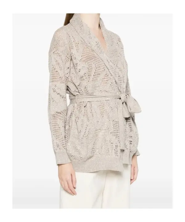 Brunello Cucinelli Tie Waist Open Knit Cardigan - White