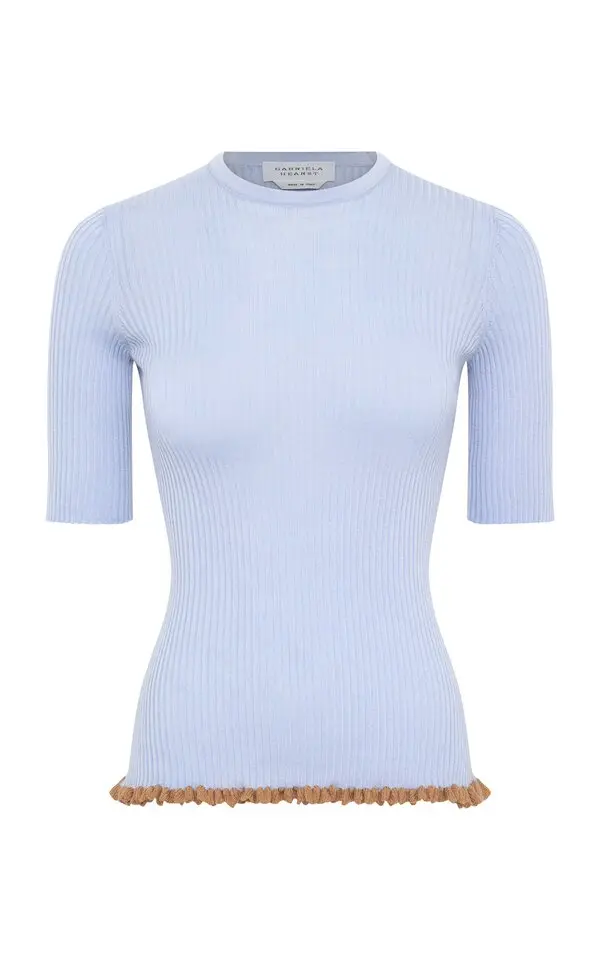 Gabriela Hearst Mireya Ribbed Wool-silk Top With Lace Trim - Blue