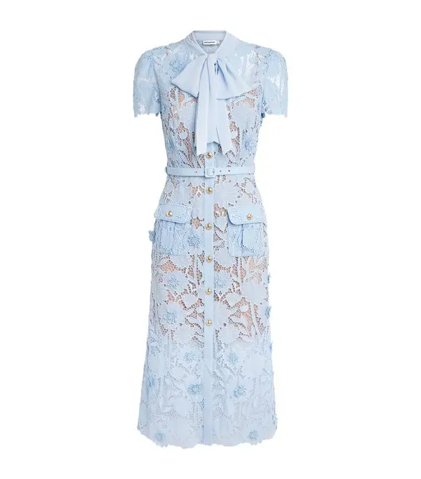 SELF-PORTRAIT Lace Tie-neck Midi Dress - Blue