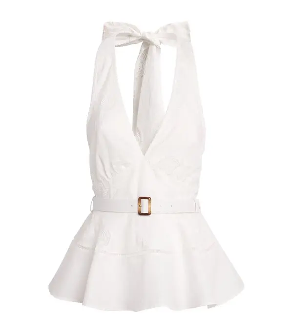 SELF-PORTRAIT Linen-cotton Broderie Anglaise Peplum Top - White