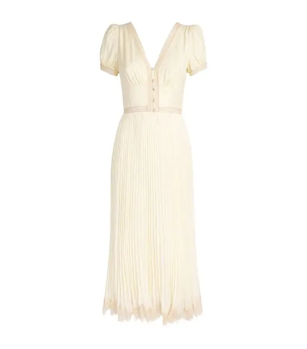 SELF-PORTRAIT Satin-lace Pleated Midi Dress - Yellow