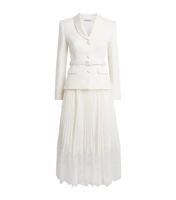SELF-PORTRAIT Bouclé Midi Dress With Pleated Skirt And Lace Trim - Ivory