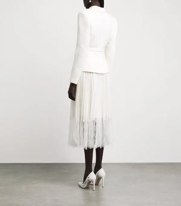 SELF-PORTRAIT Bouclé Midi Dress With Pleated Skirt And Lace Trim