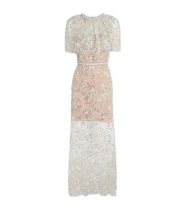 SELF-PORTRAIT Crystal-embellished Cape Maxi Dress - Green