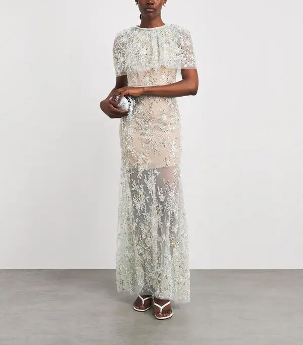 SELF-PORTRAIT Crystal-embellished Cape Maxi Dress - Green