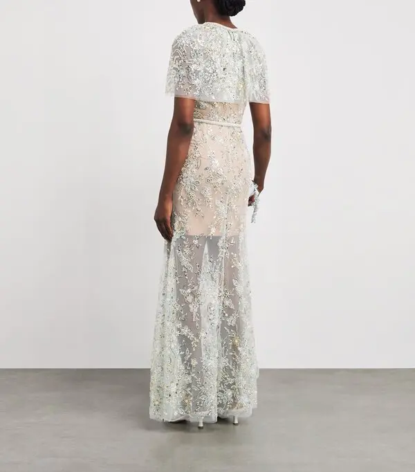 SELF-PORTRAIT Crystal-embellished Cape Maxi Dress - Green
