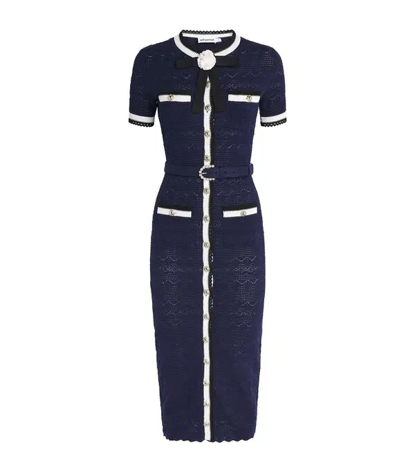 SELF-PORTRAIT Knitted Belted Midi Dress - Navy