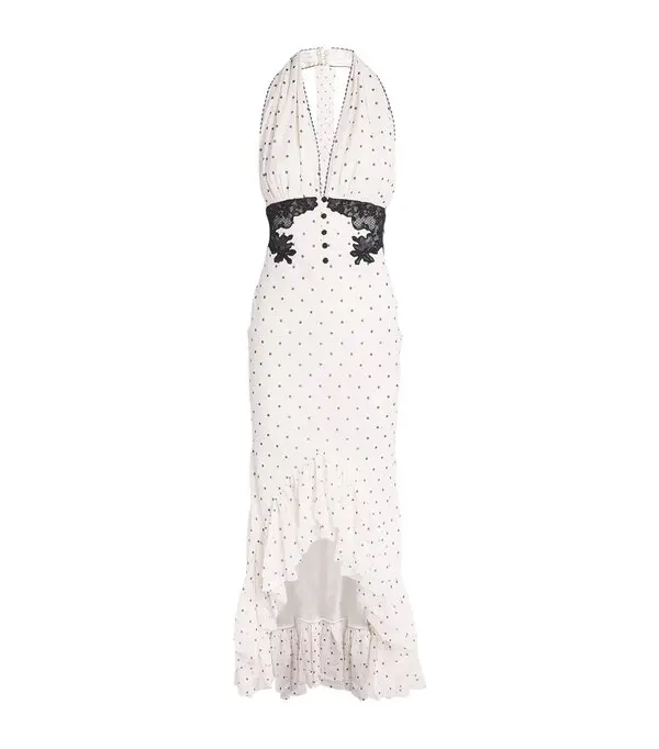 SELF-PORTRAIT Polka Dot Halterneck Midi Dress With Ruffled Asymmetric Hem - White
