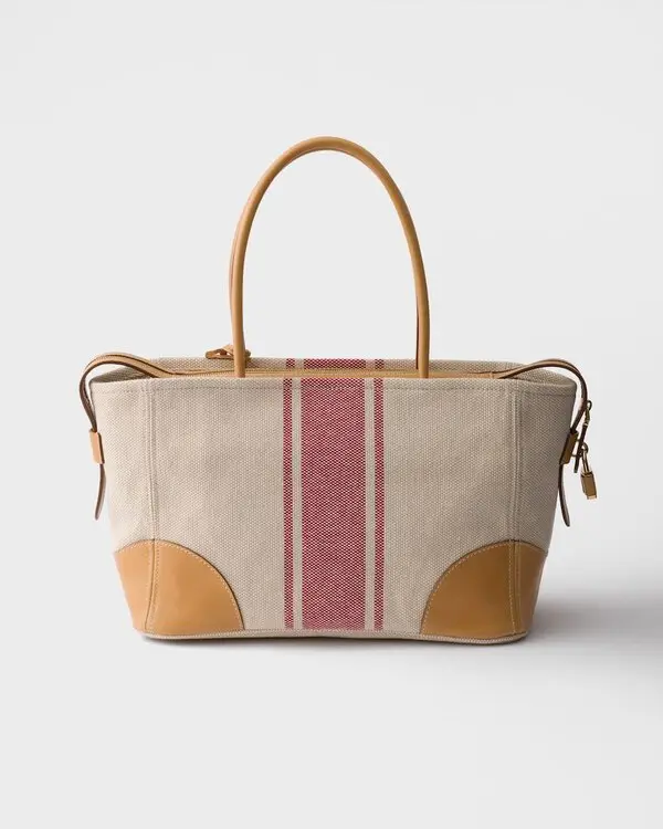Prada Large Canvas And Leather Tote Bag - Tan/red