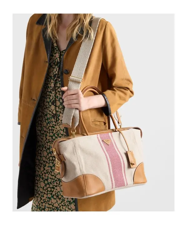 Prada Large Canvas And Leather Tote Bag - Tan/red