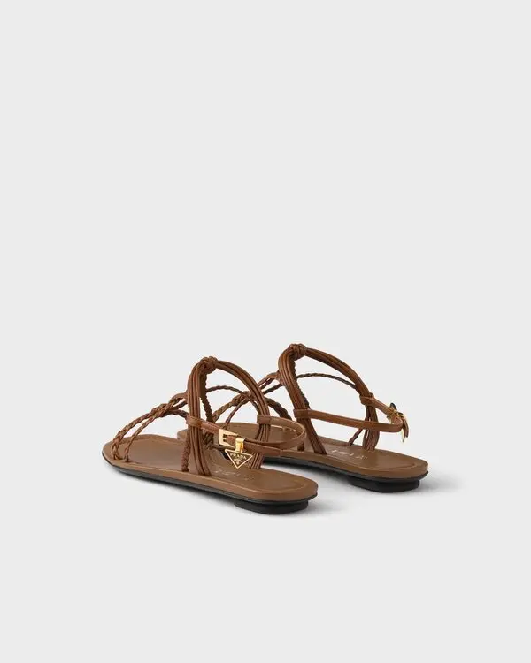 Prada Flat Braided Leather Sandals - Camel
