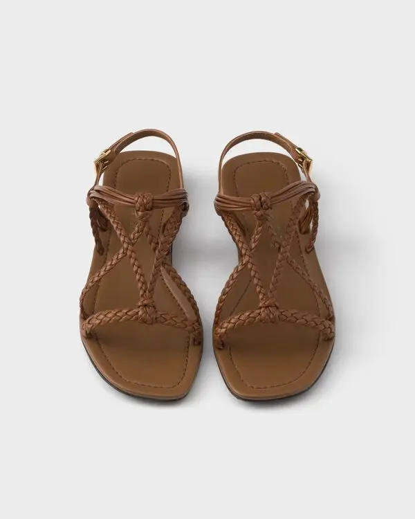 Prada Flat Braided Leather Sandals - Camel