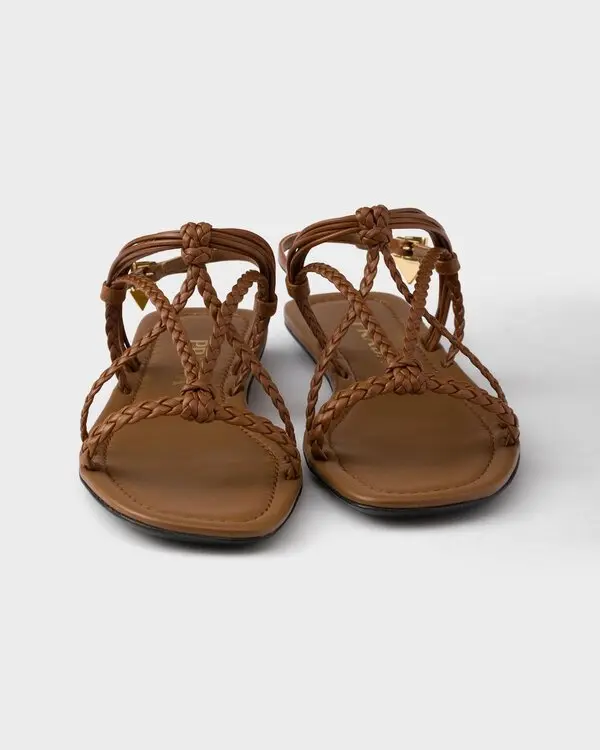 Prada Flat Braided Leather Sandals - Camel