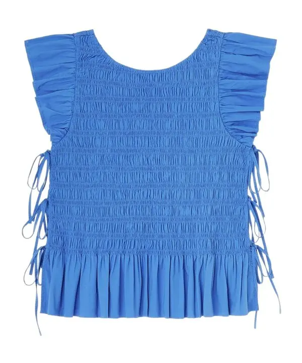 GANNI Ruffled Angel Sleeve Top With Pintucked Details - Blue