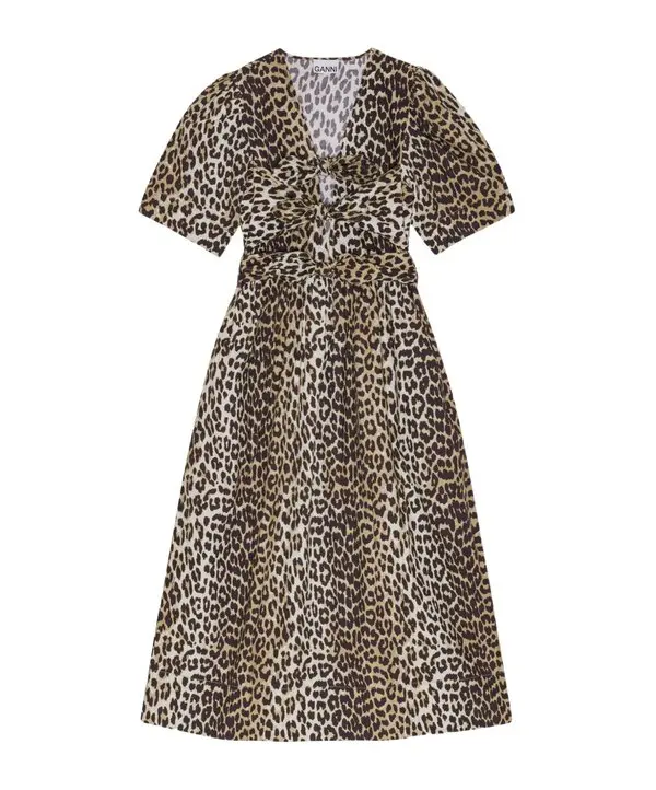 GANNI Leopard Print V-neck Puff Sleeve Midi Dress With Pockets And Bow Detail - Multicolor