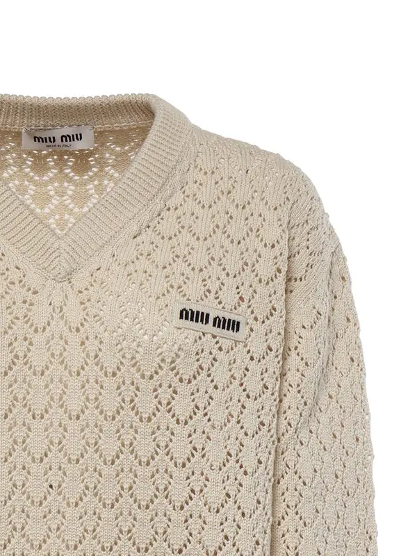 Miu Miu Long Sleeve V-neck Knitwear With Logo Label