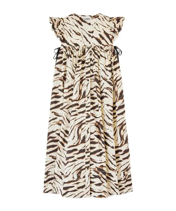 GANNI Printed Cotton Midi Dress With Angel Sleeves - Egret