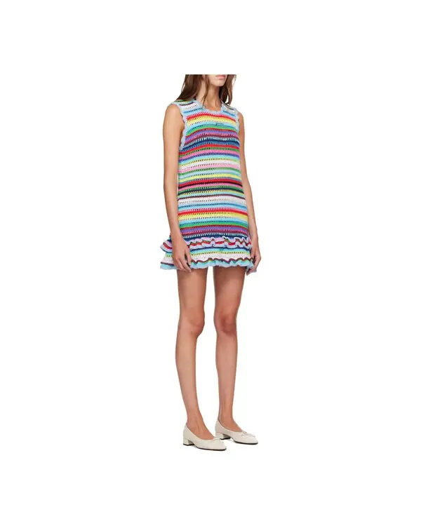 GANNI Striped Crochet Dress With Ruffled Hem