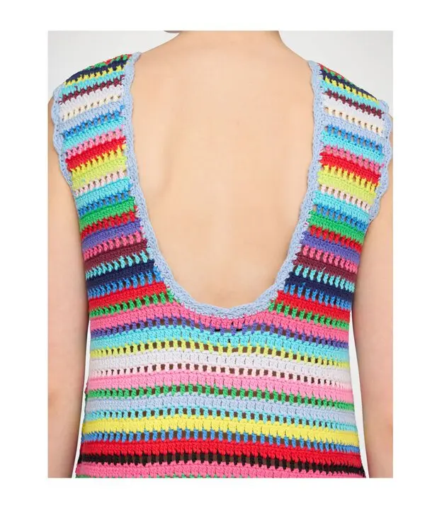 GANNI Striped Crochet Dress With Ruffled Hem