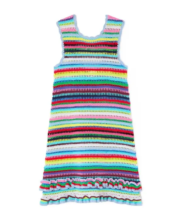 GANNI Striped Crochet Dress With Ruffled Hem - Multicolour