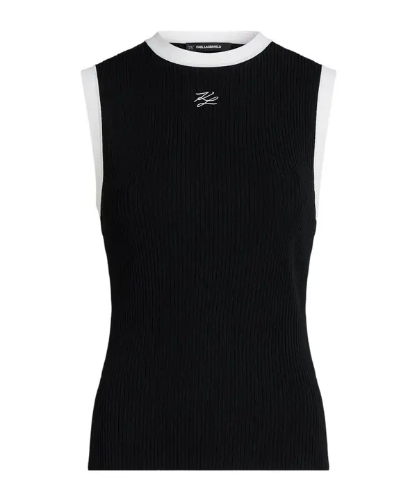 Karl Lagerfeld Ribbed-knit Tank Top With Contrast Trim And Logo Embroidery - Black/white