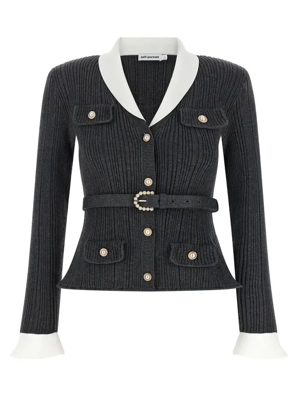 SELF-PORTRAIT Ribbed Cardigan With Jewel Embellishments - Gray
