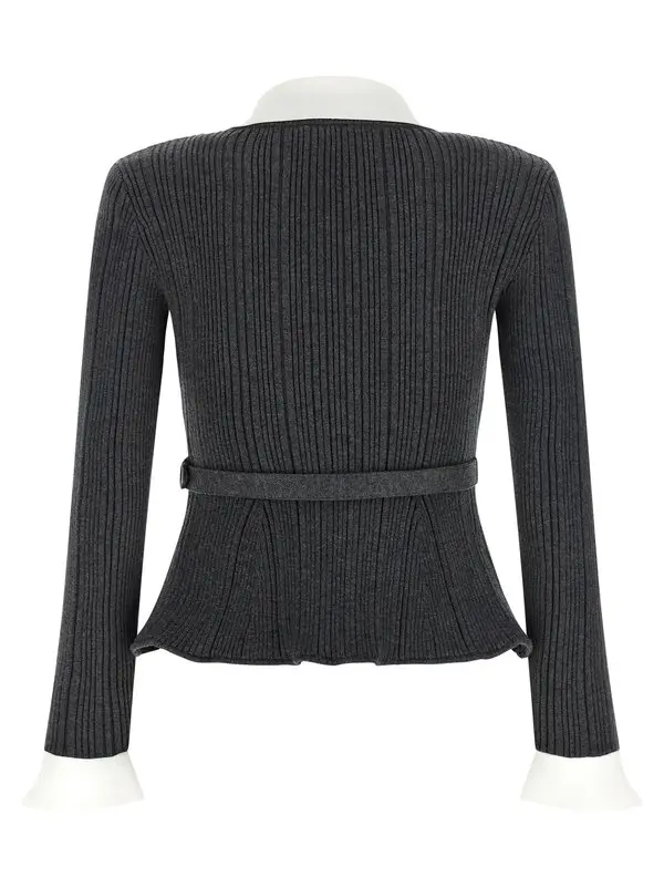 SELF-PORTRAIT Ribbed Cardigan With Jewel Embellishments - Gray