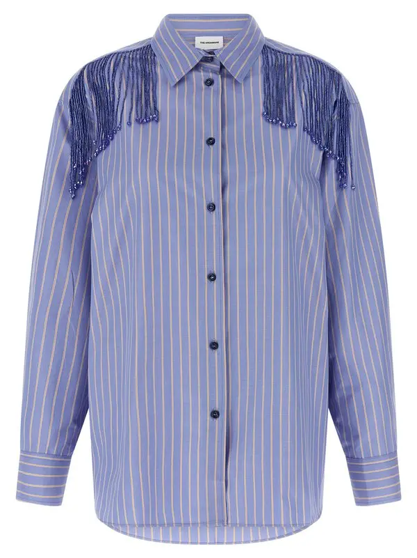 Andamane Miley Striped Cotton Poplin Shirt With Beaded Fringe Detail - Blue