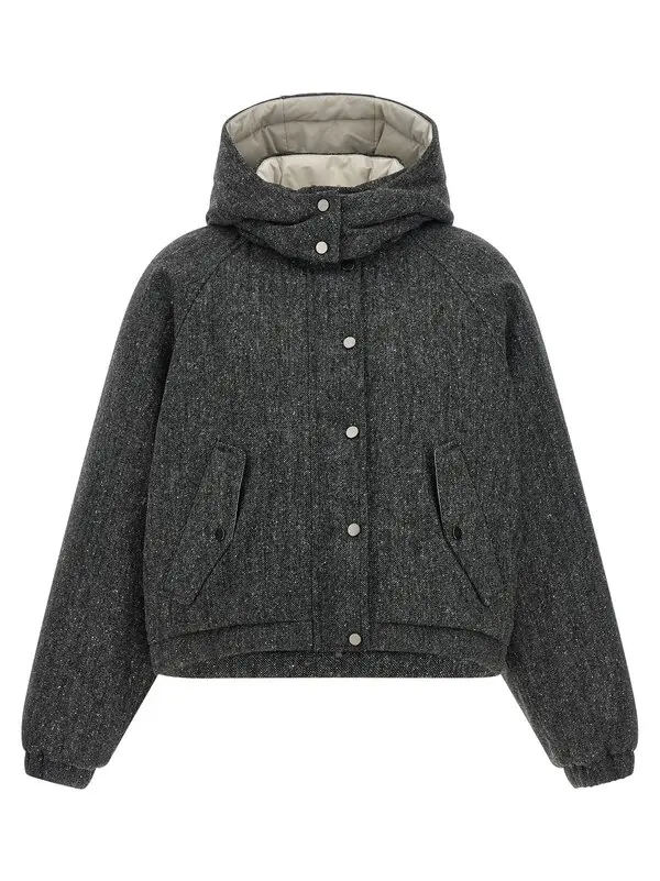Brunello Cucinelli Donegal Tweed Down Jacket With Shiny Zipper Pull - Gray