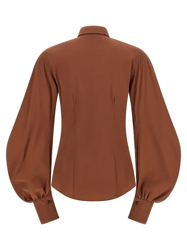 Brunello Cucinelli Stretch Cotton Poplin Shirt With Balloon Sleeves - Brown