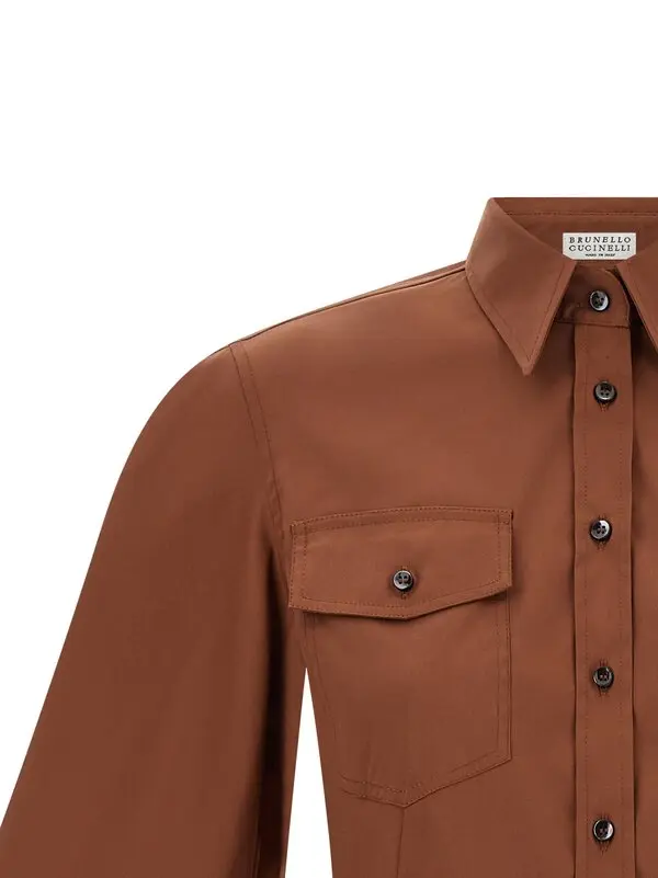 Brunello Cucinelli Stretch Cotton Poplin Shirt With Balloon Sleeves - Brown
