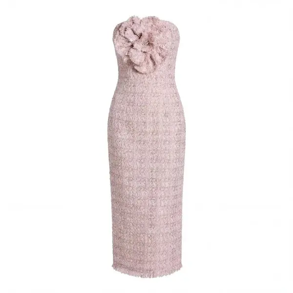 Mac Duggal Strapless Boucle Midi Dress With 3d Flower Embellishment - Pink