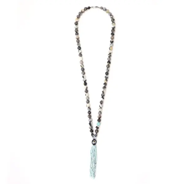 SHAR OKE Natural Amazonite & Larimar Tasseled Beaded Necklace - Black/blue