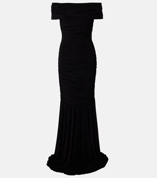 Norma Kamali Off-shoulder Ruched Jersey Gown - Black