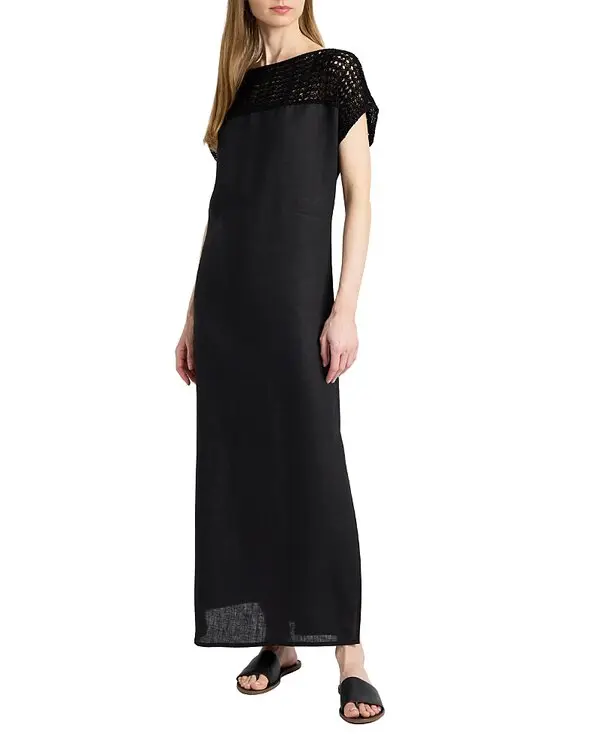 Santorelli Crocheted Cap Sleeve Linen Maxi Dress - Black