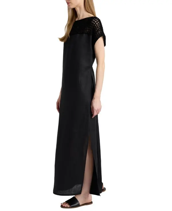 Santorelli Crocheted Cap Sleeve Linen Maxi Dress - Black