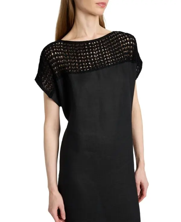 Santorelli Crocheted Cap Sleeve Linen Maxi Dress - Black