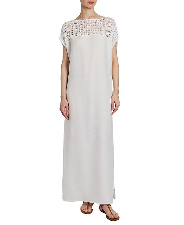 Santorelli Crocheted Cap Sleeve Linen Maxi Dress - Ivory