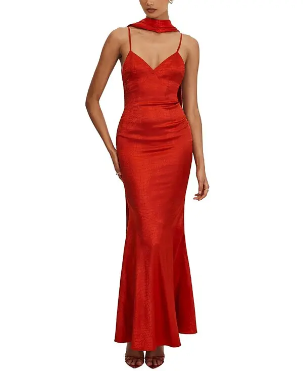 MISS CIRCLE Kelsey Croc-embossed Flared Hem Maxi Dress With Scarf - Scarlet