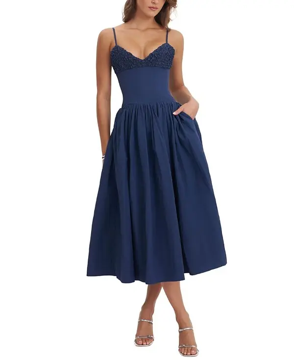 MISS CIRCLE Ailani Taffeta Smocked Midi Dress - Navy