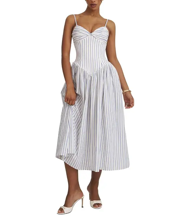 MISS CIRCLE Olea Striped Cotton Poplin Ruched Midi Dress - Bright Blue